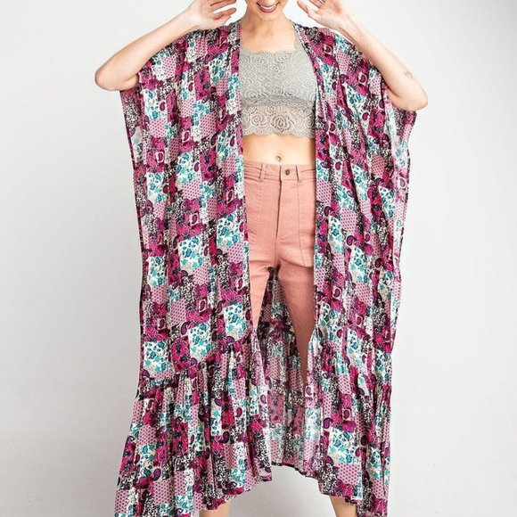 Tops | Womens Pink Ruffle Bottom Maxi Open Kimono | Poshmark